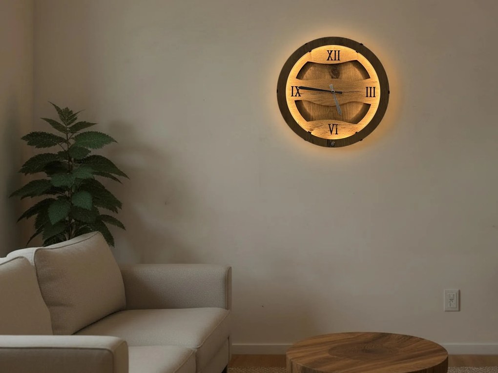 Li-Go "Římské číslice" světelné hodiny s powerbankou a pohybovým čidlem 31 cm/dub velikost svítidla/hodin: 31 cm