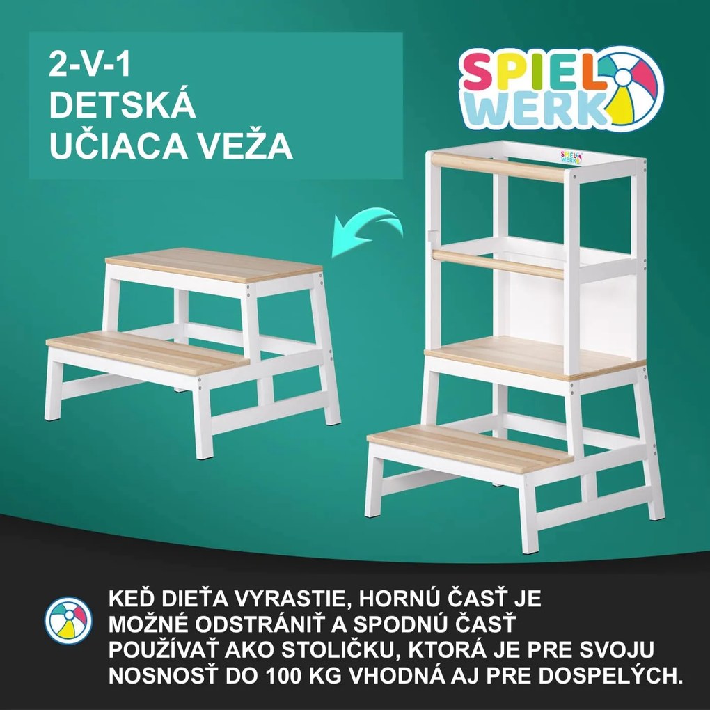 Učící věž, schůdky, borovice, 93x56x49, bílá/přírodní hnědá