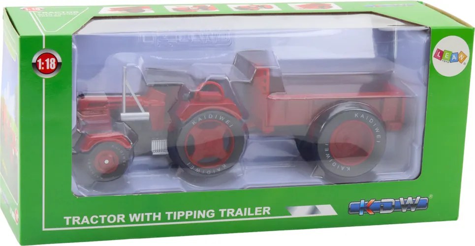 LEAN Toys Kovový zemědělský traktor s přívěsem, červený, v měřítku 1:18
