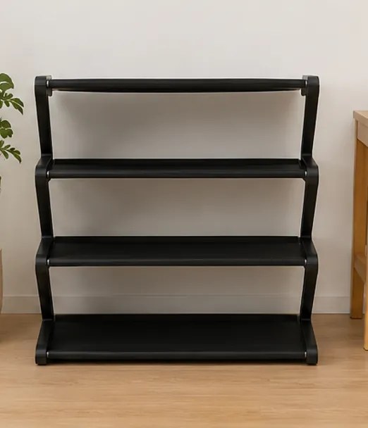 botník, 4 patra, konstrukce tvaru Z, kov/plast/látka, 51x45x19 cm, černá, Dekorino BB20260045