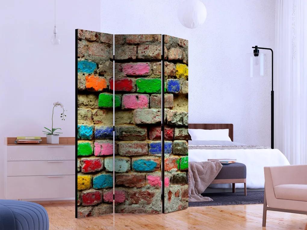 Pokojová zástěna Barevné cihličky (3-dílný) - barevná kompozice s texturou zdi