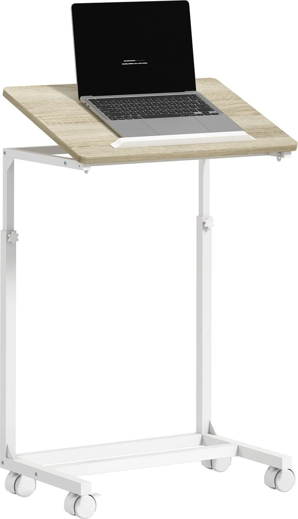 HOMCOM Mobilní Boční Stolek k Pohovce s Nastavitelnou Výškou a Naklápěcí Desktopem, Metalový Rám pro Ložnici, Obývací Pokoj, Kancelář 55x36x62.5-82.5