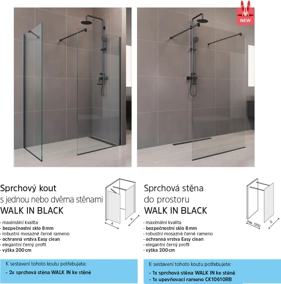 Mereo Mereo, Sprchová stěna WALK IN, Novea, black ALU, sklo Čiré, CK10600HB
