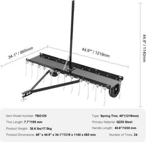 Vlek za odhrnovač trávy 121,9 cm hrábě na pro ATV nebo sekačku 24 prstů