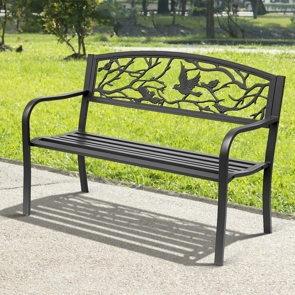 Zahradní lavička Outsunny, 3-místná lavička, terasa, rustikálně elegantní, 127D x 60Š x 85V cm, kov, epoxid, odolný proti korozi, černá