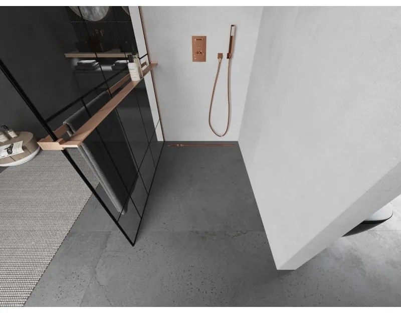 Mexen Kioto+ L, sprchová zástěna Walk-In s poličkou a věšákem 100 x 200 cm, 8mm čiré sklo černý vzor, měděný matný profil, 800-100-123-65-78