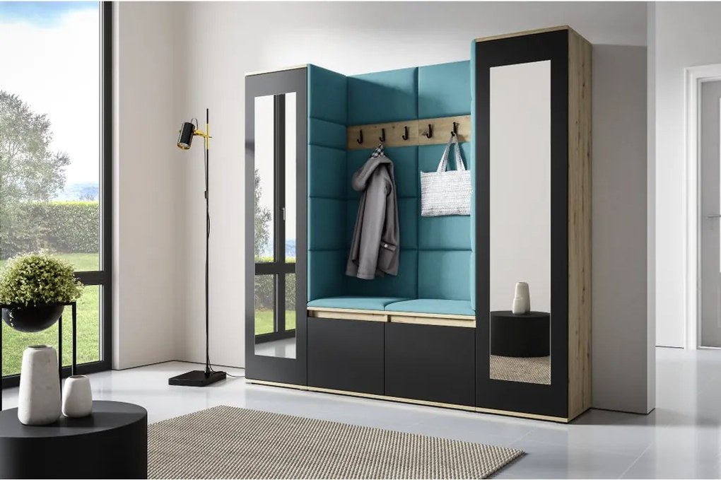 Eka Předsíňová stěna s čalouněnými panely Trinity 31 - Dub Artisan s černou / Azurová 2313