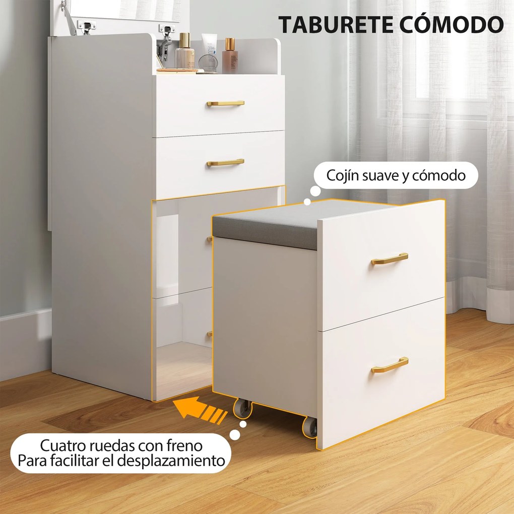 HOMCOM 3-v-1 Toaletní Stolek se Židlí - Toaletní Stolek s Zrcadlem, Zásuvkami a Skleněnou Deskou - Moderní Toaletní Stolek do Ložnice 48x40x90 cm Bílý
