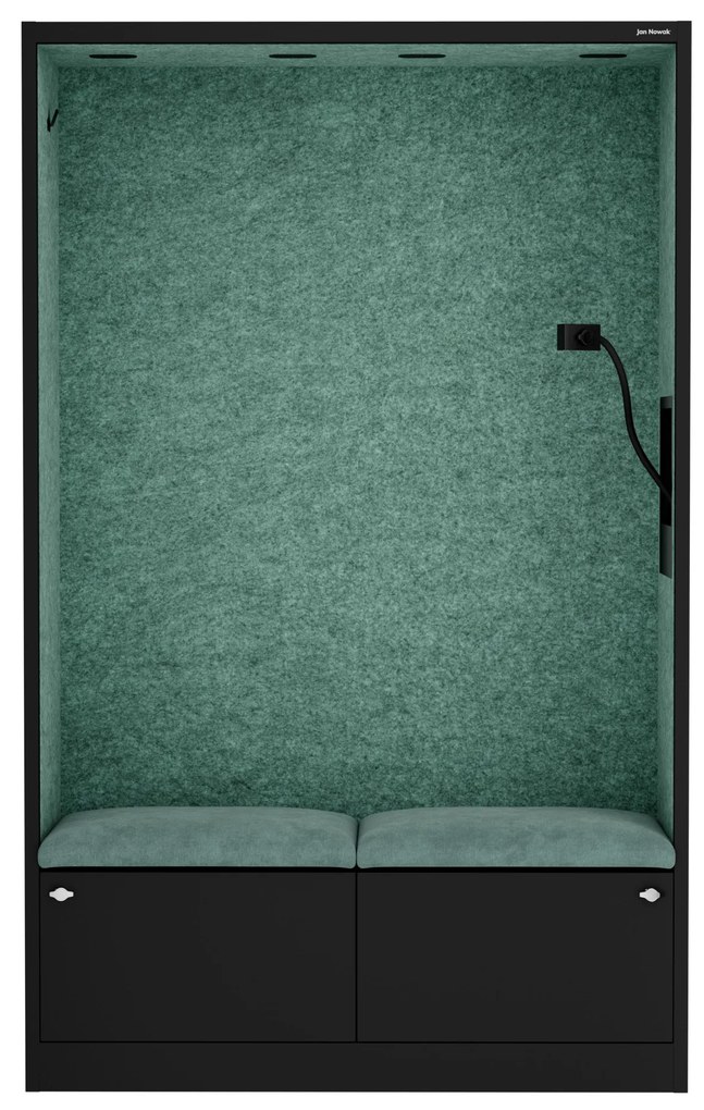 Kancelářská akustická kabina se sedátkem a USB-C portem, korpus černý / sedák zelený, 1150 mm: SALLY MentalBox