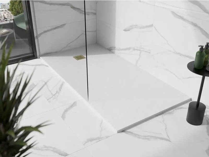 Mexen Stone+, čtvercová vanička z minerálního kompozitu 160 x 100 cm, bílá, zlatá lesklá krytka, 44101016-G