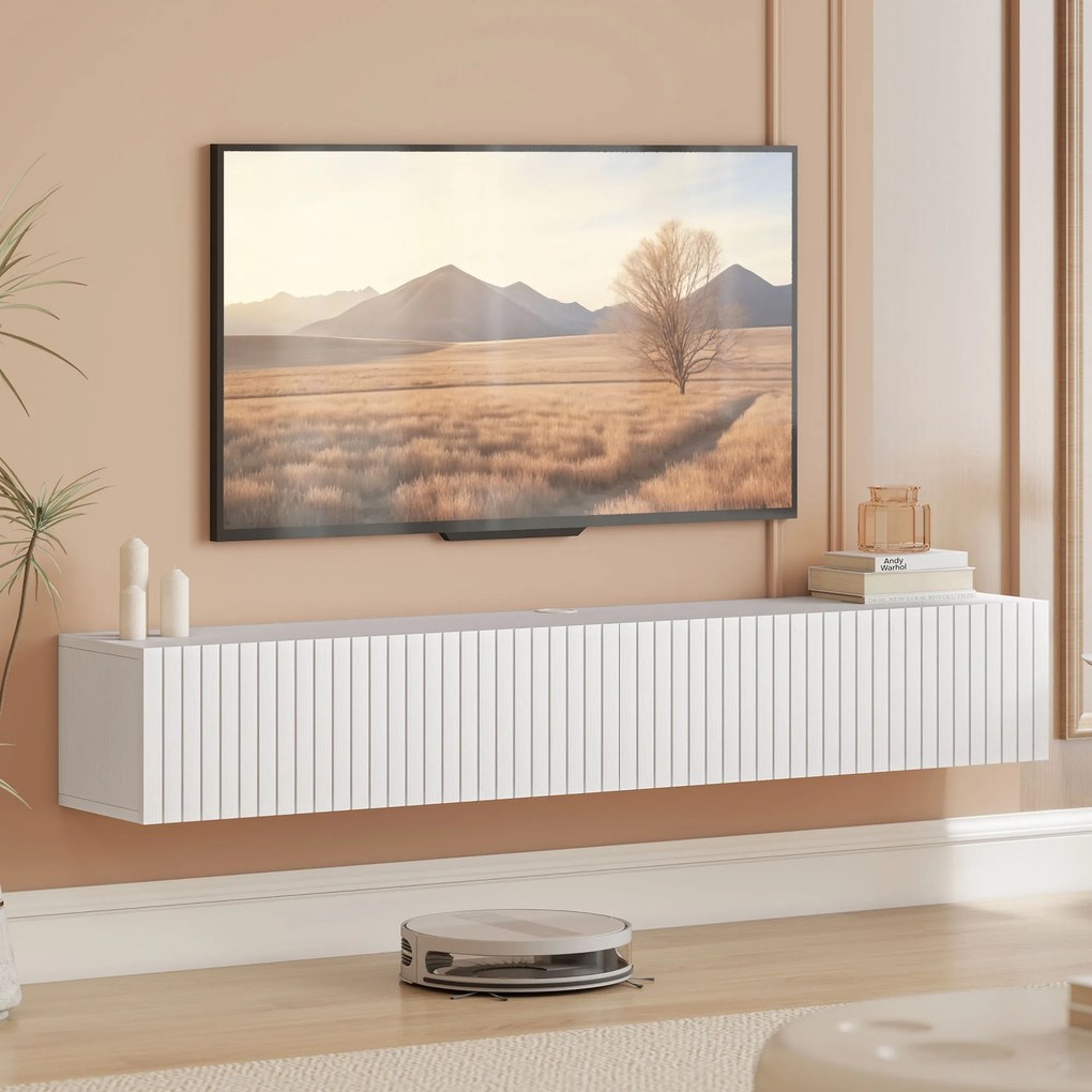 HOMCOM závěsný televizní nábytek 140 cm, TV lowboard pro televize až 182,9 cm, 2 výklopné dveře, 140x25x22 cm, bílá