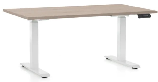 Výškově nastavitelný stůl OfficeTech D, 140 x 80 cm, bílá podnož, dub