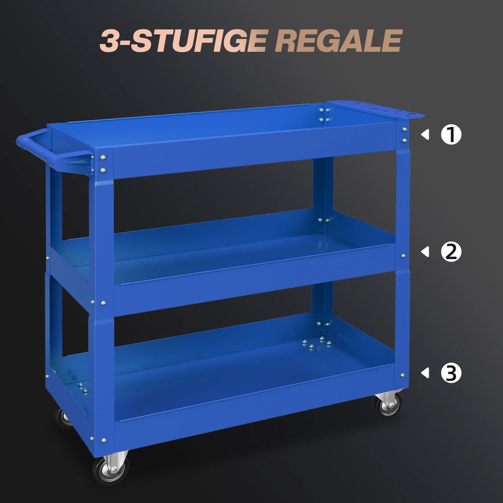 třípatrový vozík na nářadí, 4 kolečka, ocel, 83Š x 35,3D x 76V cm, modrý