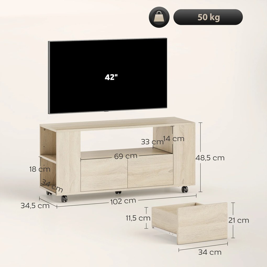HOMCOM TV nábytek 106,68 cm s otočnými kolečky a brzdou, nastavitelné police a zásuvky, 102x34,5x48,5 cm, dřevo