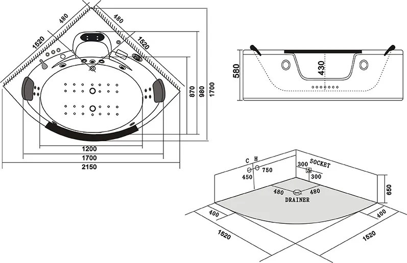 BPS-koupelny Hydromasážní vana HYD-TI604 152x152 bez ohřevu vody