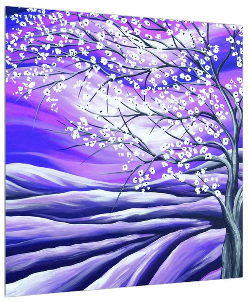 Fialový obraz rozkvetlého stromu (50x50 cm)
