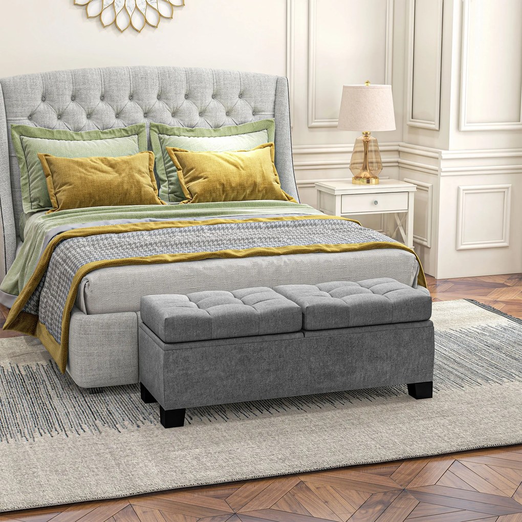 HOMCOM Hedvábně měkký úložný otoman s knoflíky pro předsíň a ložnici, 116x41x47cm, Šedý