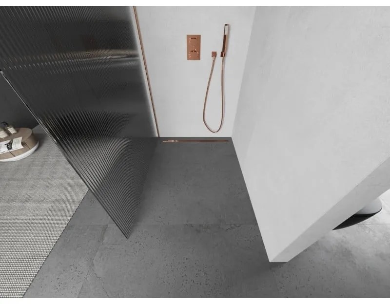 Mexen Kioto L, sprchová zástěna Walk-In 100 x 200 cm, 8mm sklo s žebrovým vzorem, měděný matný profil, 800-100-103-65-09