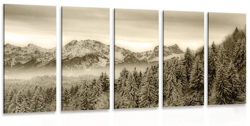 5-dílný obraz zamrzlé hory v sépiové provedení - 100x50 cm