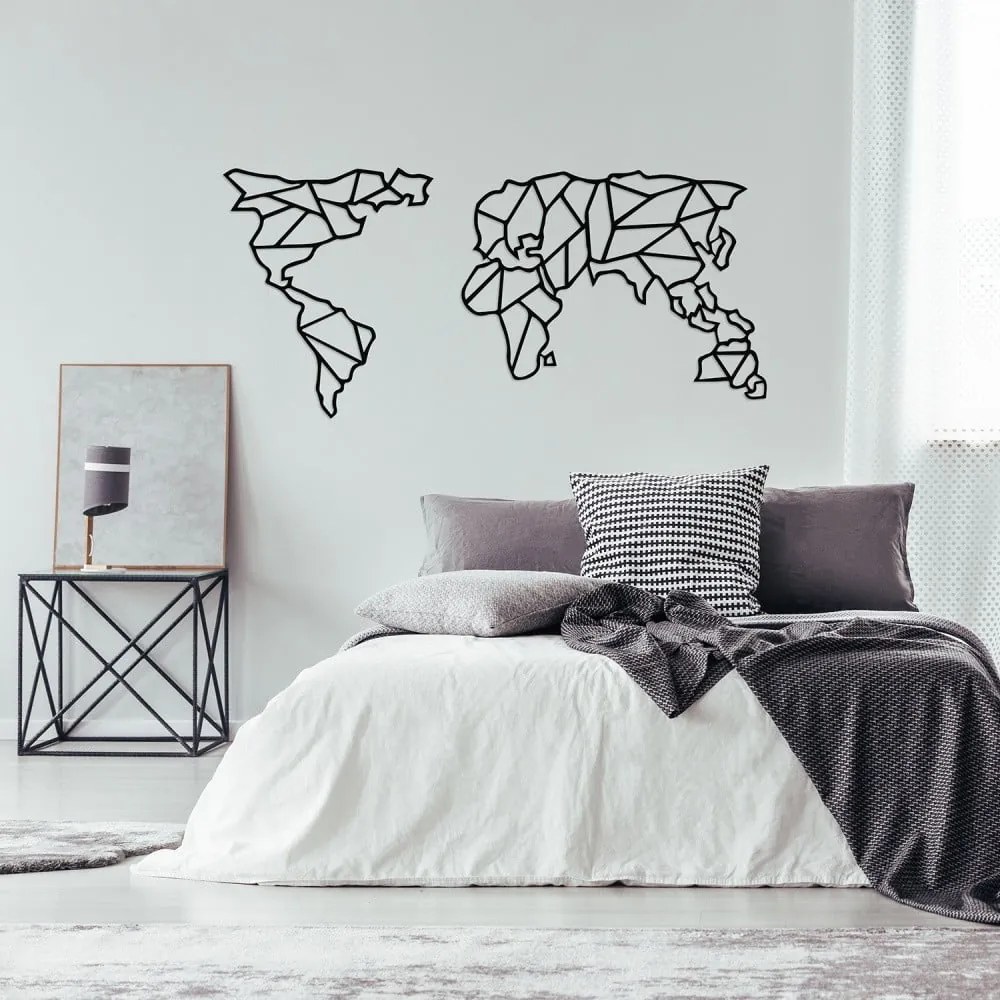 Černá kovová nástěnná dekorace Geometric World Map, 120 x 58 cm