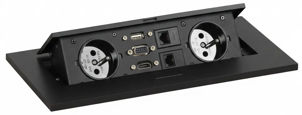 Zásuvkový box TYP VI - výklopný, 2x zásuvka, VGA, HDMI, USB DATA, 2x RJ45 port, černá