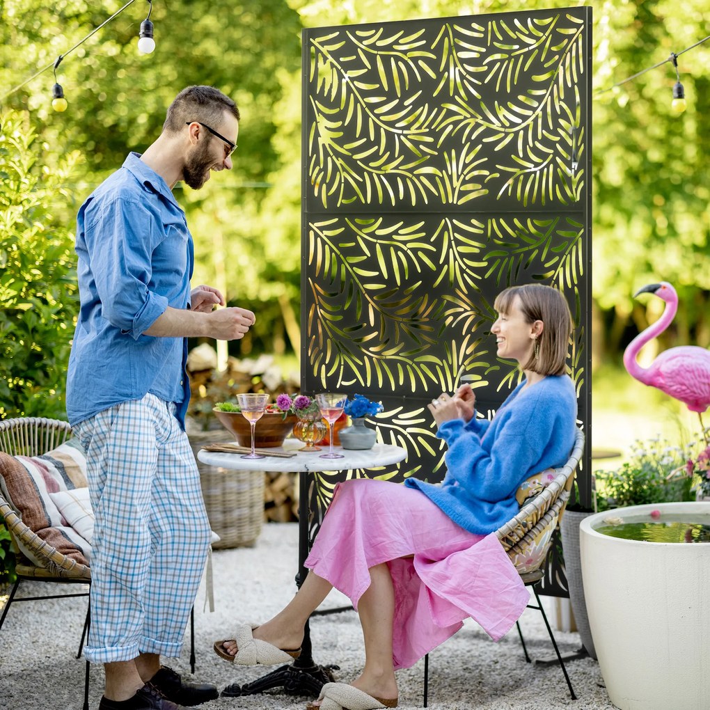 Paraván Outsunny se stojanem, rozdělovač místností se vzorem vrbových listů, 122 x 198 cm, rozdělovač místností na zahradu, terasu, ocel, černý