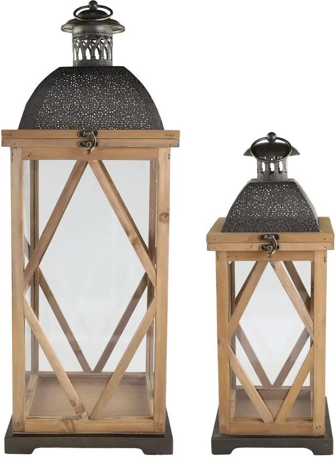Set 2ks přírodní antik dřevěná lucerna Frencia - 24*24*67/ 17*17*46 cm