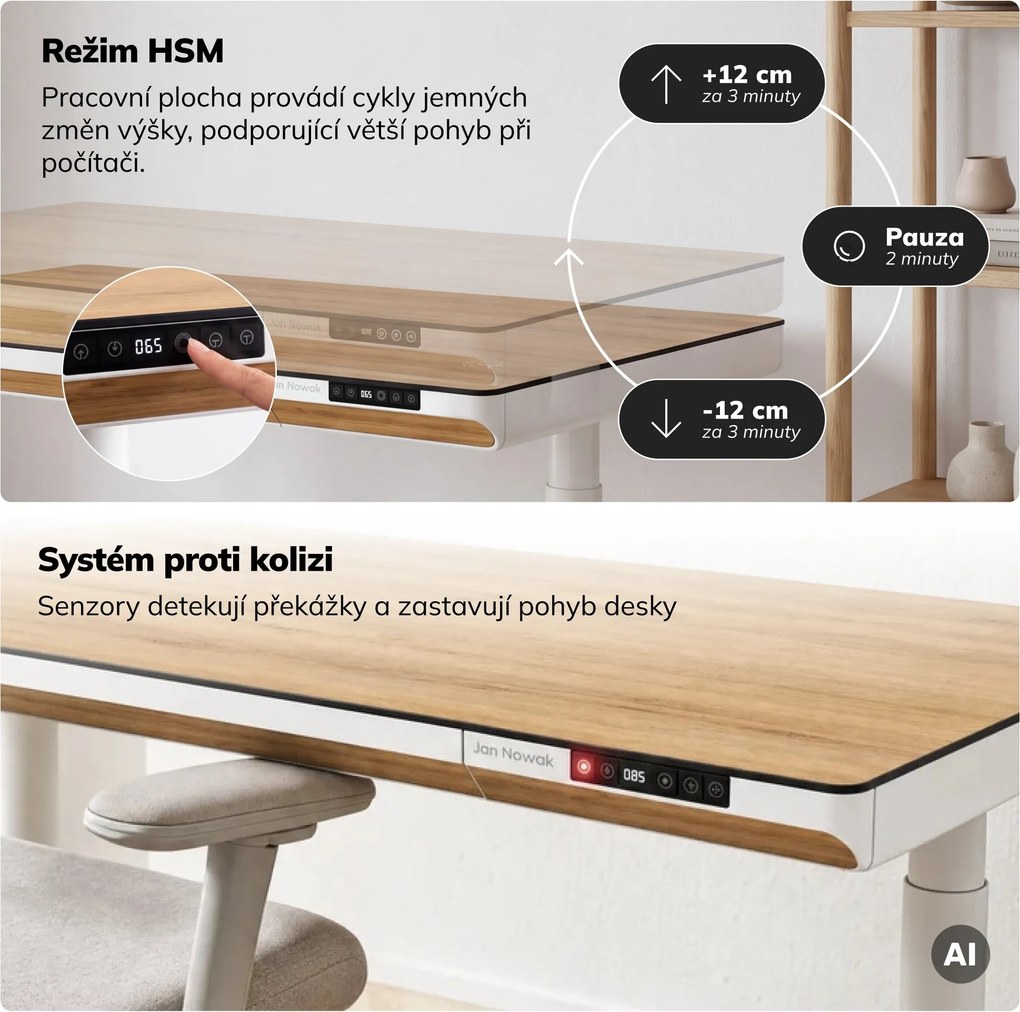 Elektrický psací stůl sit-stand se zásuvkou a bezdrátovou nabíječkou Qi bílý/zlatý dub, 1200 mm: ELLIS