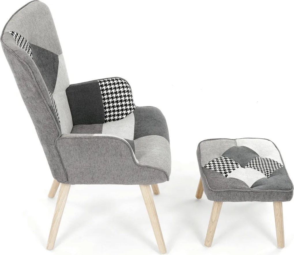 Relaxační křeslo ušák s podnožkou LYRO - šedá patchwork látka