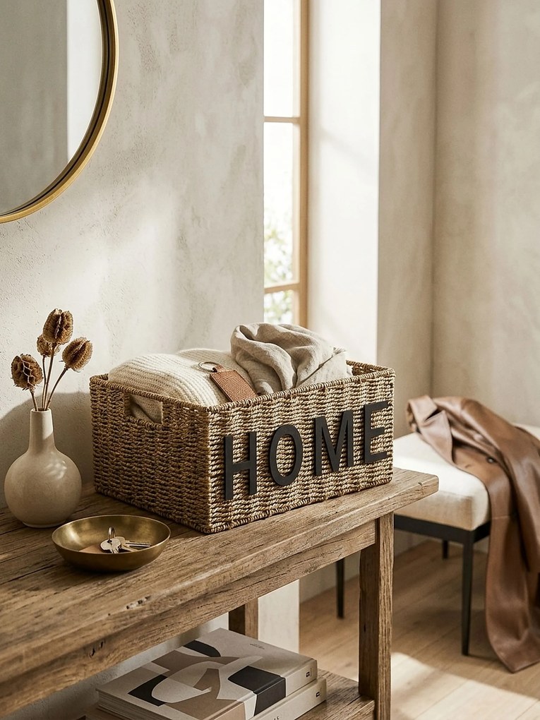 Sinsay - Pletený úložný koš s nápisem Home - béžová