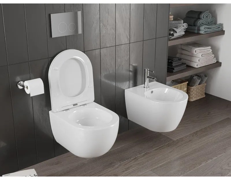 Mexen Carmen, závěsná WC mísa 490x365x340 mm, Rimless Tornádo + WC sedátko z duroplastu, bílá lesklá, 30880400T