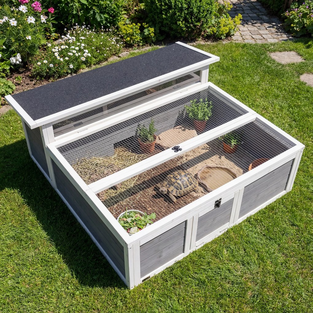 PawHut Dřevěný želví domek s volným výběhem hlavní domek s oknem na pantech 2 dveře 113x106,5x44,5 cm Tmavě šedý
