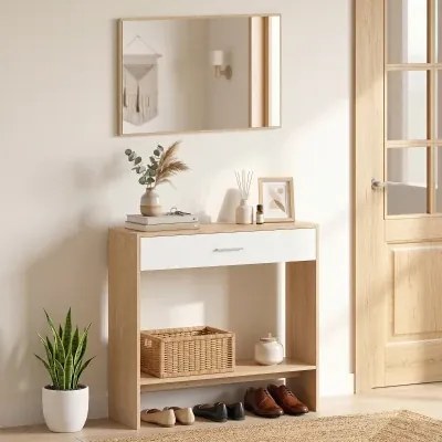 HOMCOM konzole + zrcadlo, úzký konzolový stolek se zásuvkou a policí, moderní styl, 91,5 x 27,9 x 85,5 cm, dub