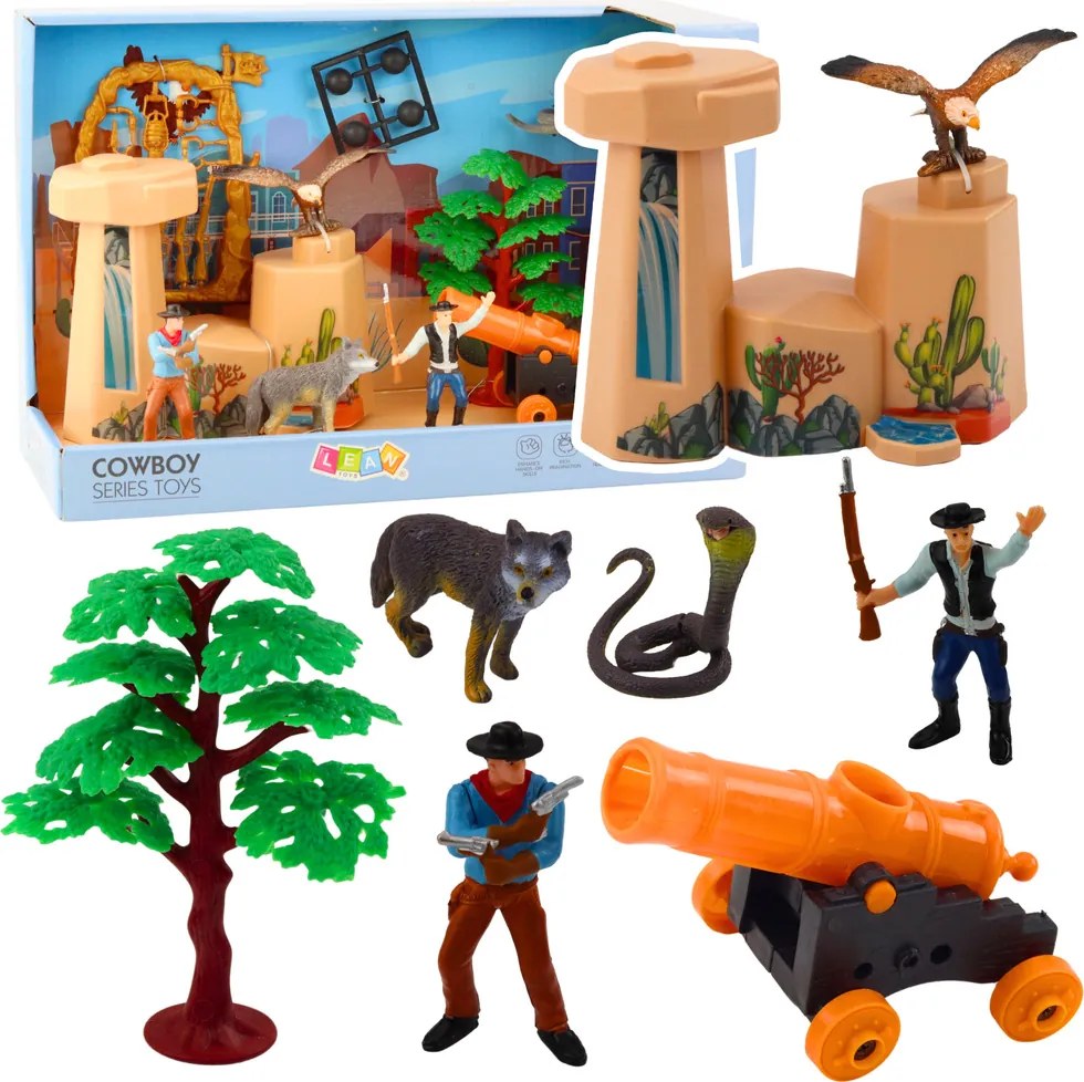 LEAN Toys Sada kovbojských figurek divoký západ člun dělo