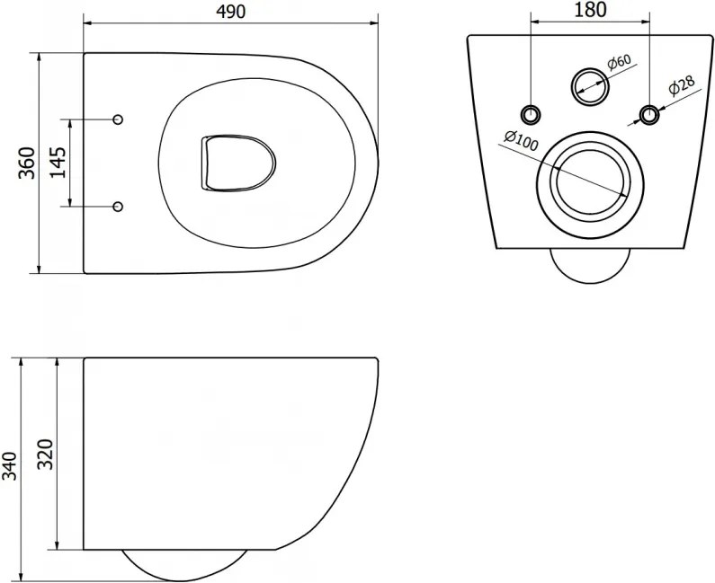 Mexen Lena, závěsná WC mísa 490x360x340 mm, Rimless Tornádo, černá matná, 3322XX85T