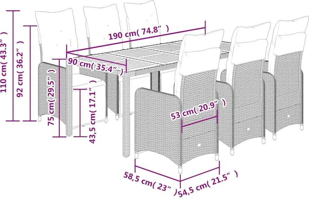 7dílný zahradní bistro set s poduškami šedý polyratan 3277161
