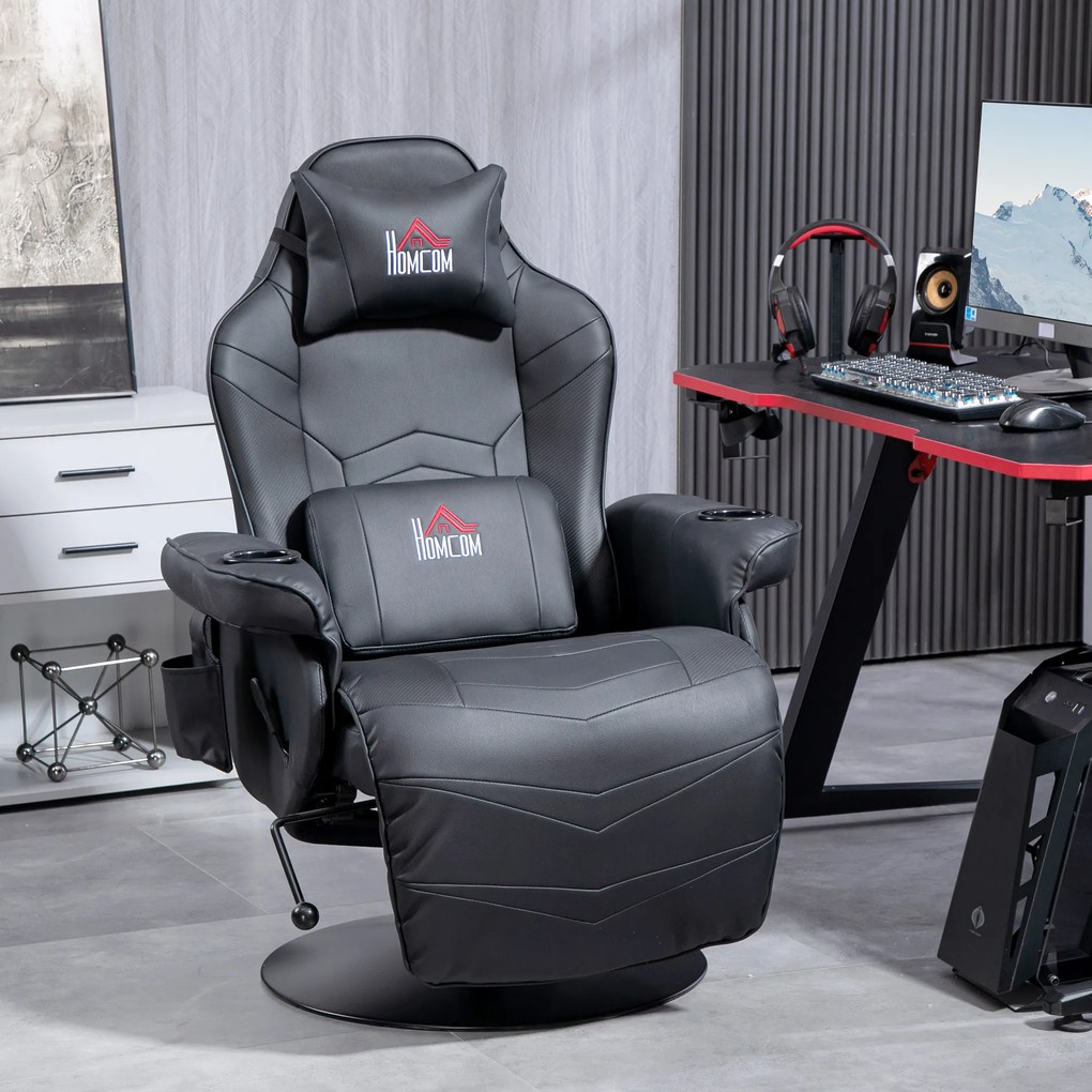 HOMCOM Herní židle s masáží, otočná o 360°, 6 masážních bodů, podnožka, odnímatelná opěrka hlavy, imitace kůže, 79.5 x 82.5 x 111.5cm, černá