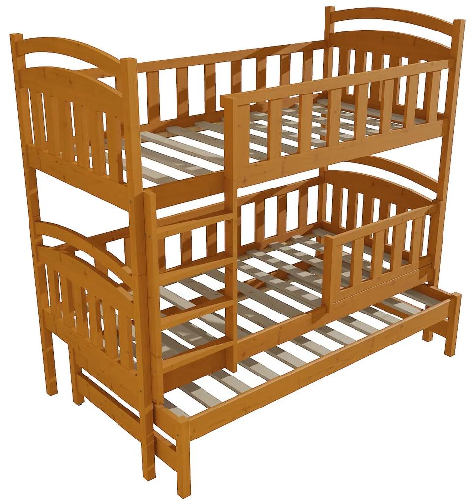 Vomaks Patrová postel s výsuvnou přistýlkou PPV 014 se zábranou Rozměr: 90 x 180 cm, Barva: surové dřevo, Prostor mezi lůžky: 80 cm