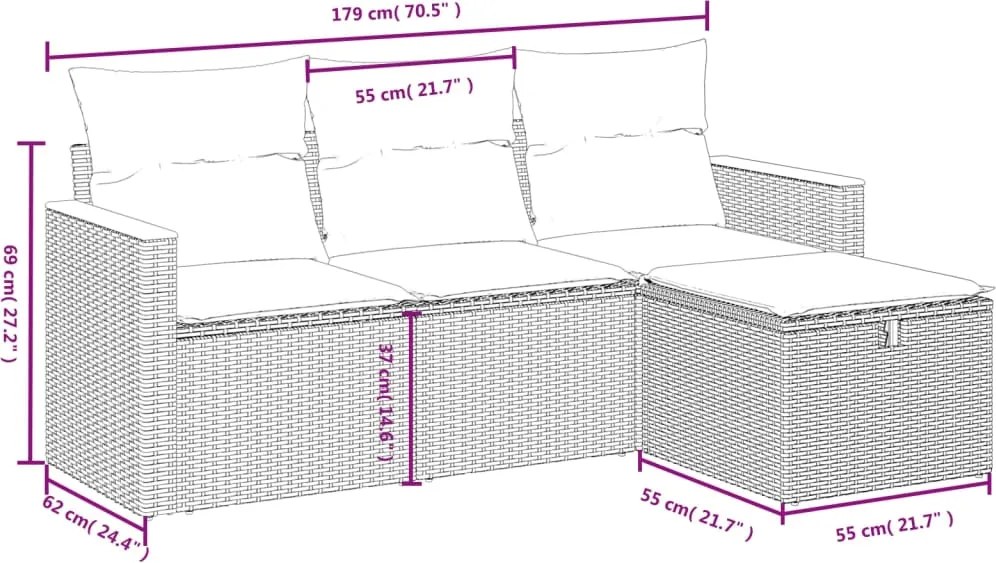 4dílná zahradní sedací souprava s poduškami šedá polyratan 3265274
