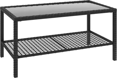 Outsunny ratanový zahradní odkládací stolek s policí, vrchní deskou z tvrzeného skla a ocelovým rámem — 92 x 50 x 45 cm, černý