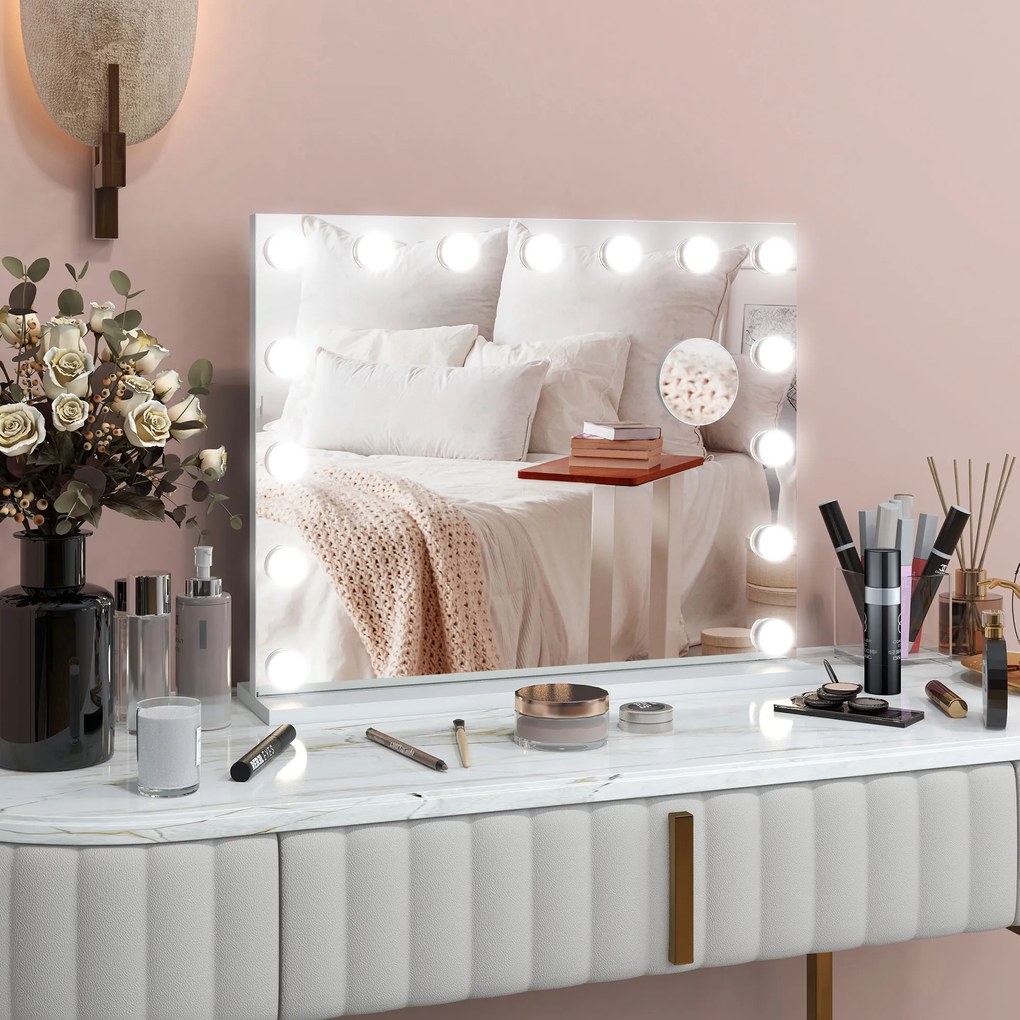 HOMCOM Hollywoodské zrcadlo s osvětlením 58x48cm 15 LED 3 světelné režimy 10x zvětšení přenosný dotykový spínač USB nabíjecí port bílý |