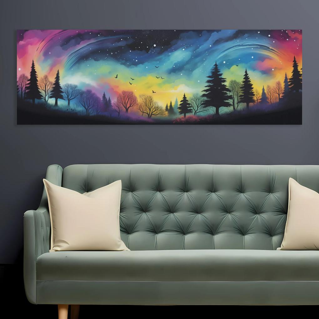 Obraz na plátně - Temný smíšený les a magická noční obloha FeelHappy.cz Velikost obrazu: 180 x 60 cm