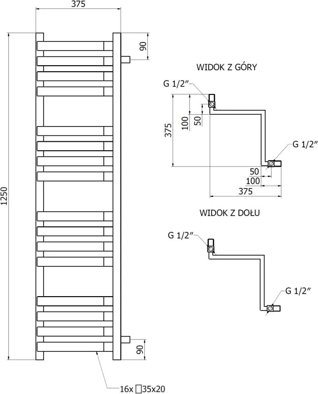 Mexen Loop rohový koupelnový radiátor 1250 x 375 mm, 666 W, černý - W129-1250-350-00-70