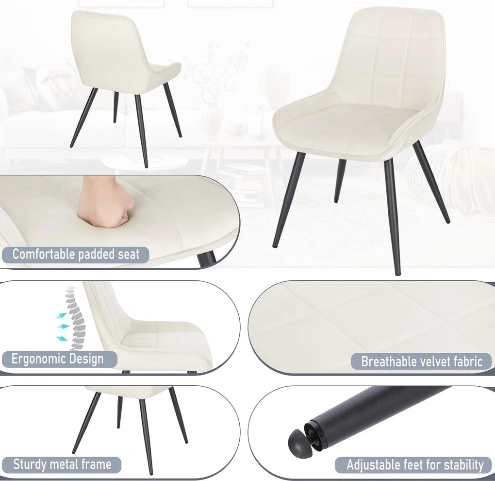 WOLTU Jídelní židle čalouněné sametem, ergonomické, krémově bílé – sada 2 ks