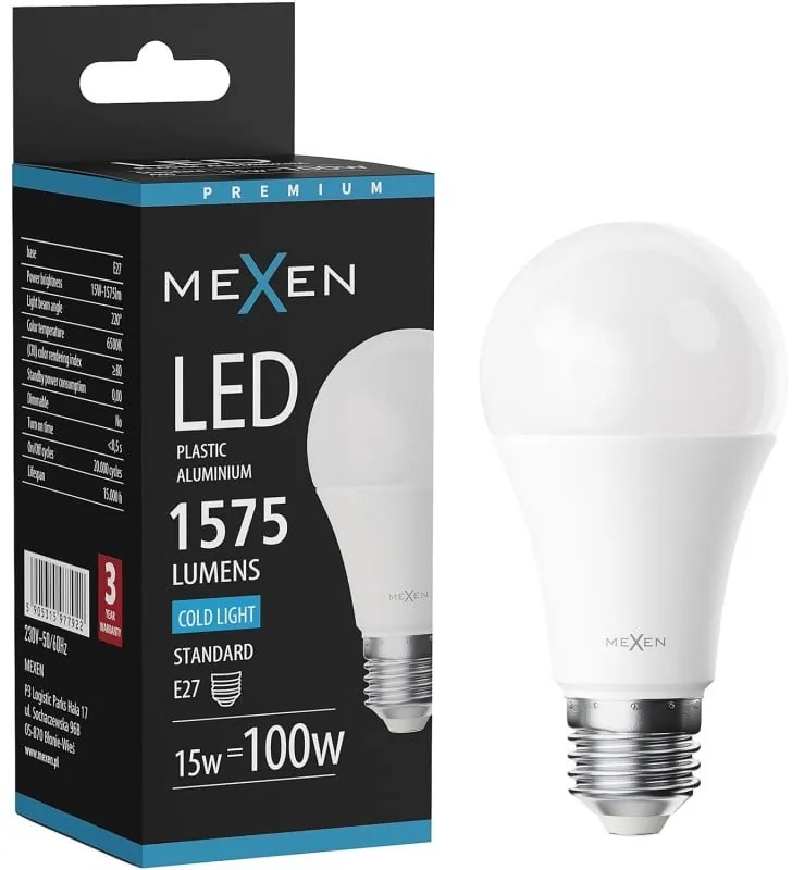Mexen Nova, LED žárovka E27, A60, 15W, studená - 6500K, 1575 lm - L100-E27-1565-01