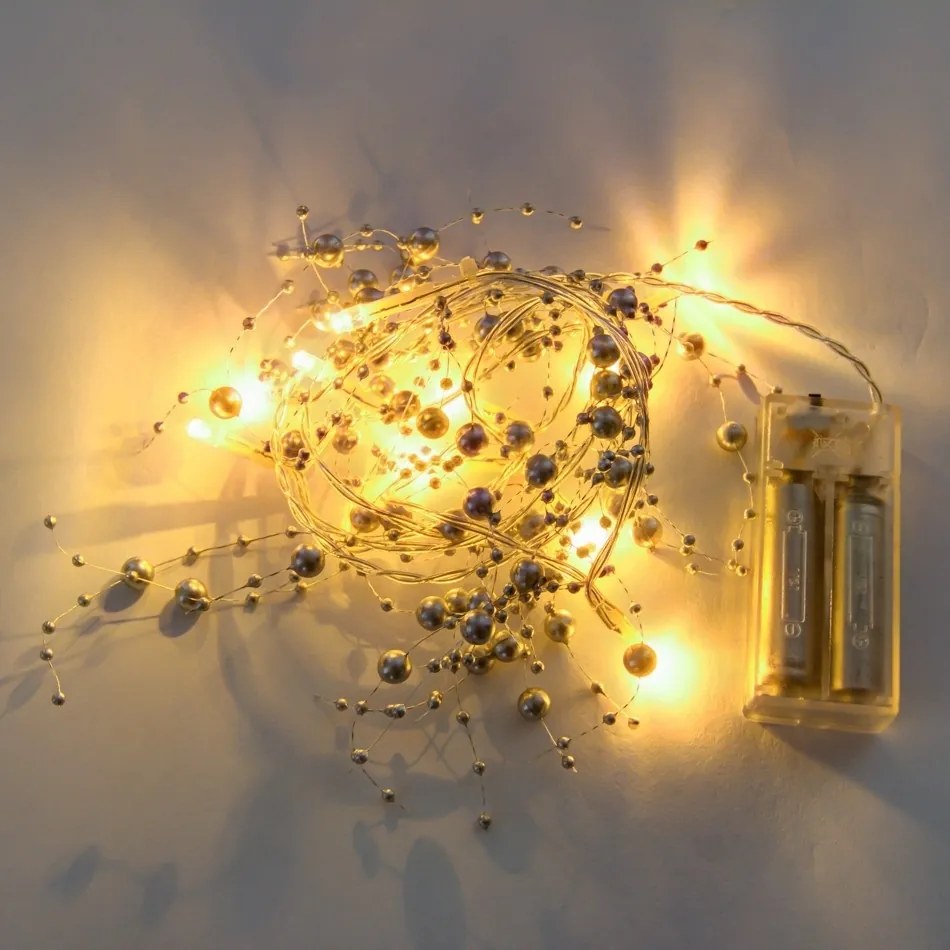 LED světýlka na baterie, perly stříbrné, 1,3 m, teple bílá, 10 diod, čirý kabel, IP20 interiér, 2 × AA