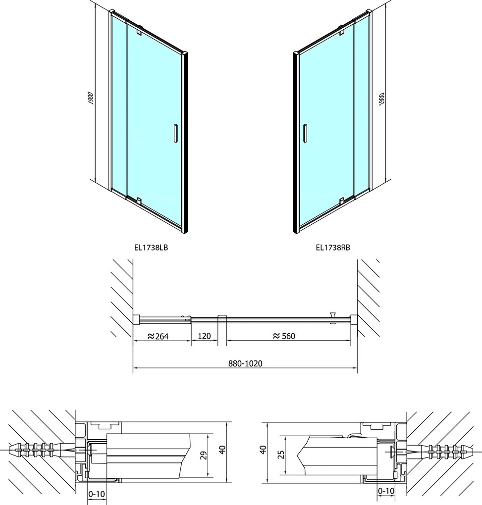 Polysan Polysan, EASY BLACK otočné sprchové dveře 880-1020mm, sklo BRICK, EL1738B