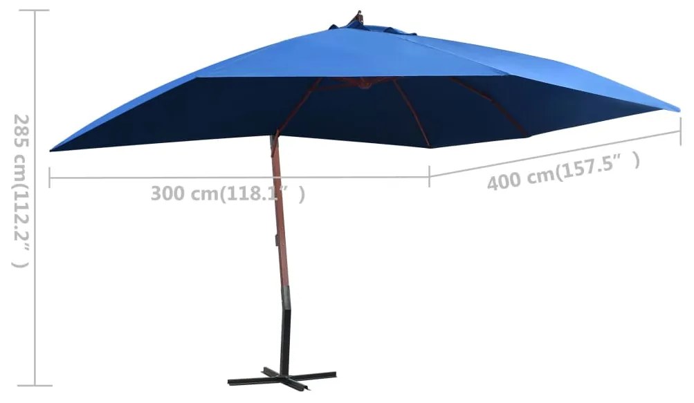 Závěsný slunečník s dřevěnou tyčí 400 x 300 cm modrý - Default Title