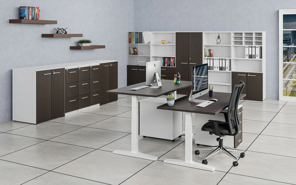 Kancelářská skříň s dveřmi PRIMO WHITE, 800 x 420 x 2128 mm, bílá/wenge