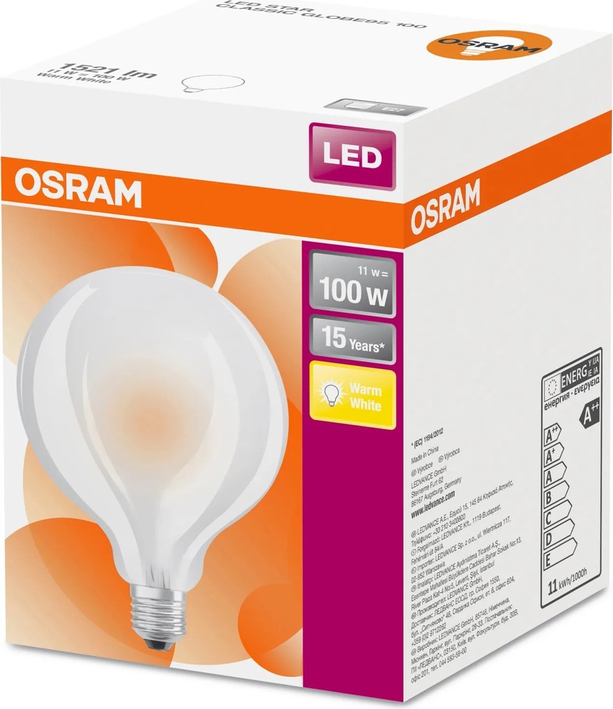 OSRAM LED žárovka Retrofit Classic Globe 100 M, E27, 11 W, 1521 lm, 2700 K,opál.